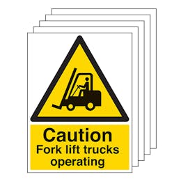 5-Pack Caution Fork Lift Trucks Operating - Portrait | Safety Signs 4 Less