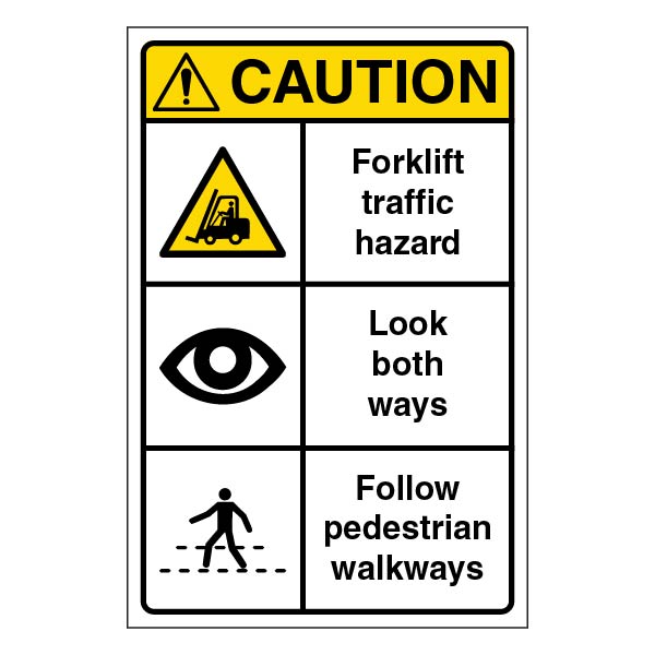 Caution Forklift Traffic Hazard Look Both Ways Follow Pedestrian ...