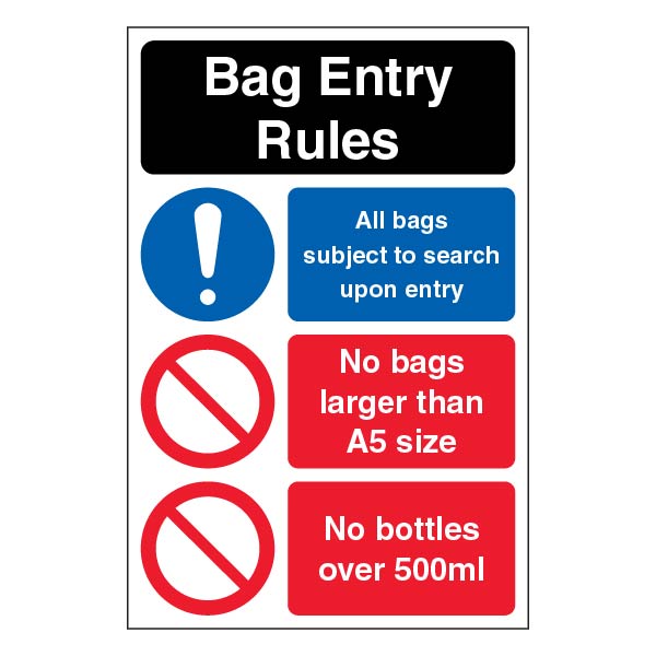 Bag Entry Rules No Bags Larger Than A5 Size | Security Notice Signs