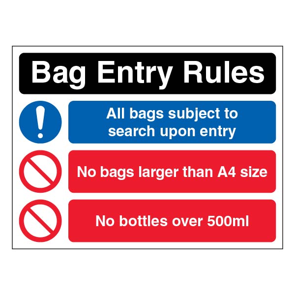 Bag Entry Rules No Bags Larger Than A4 Size | Security Notice Signs