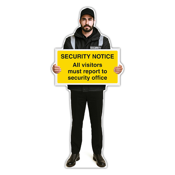 Life Size Security Guard Sign - Peter - Security Notice All Visitors ...