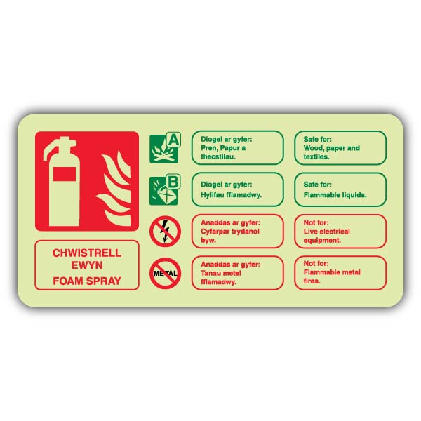 Photoluminescent Welsh/English - Foam Spray Fire Extinguisher Sign ...