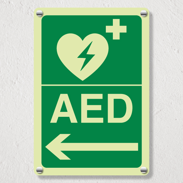 Photoluminescent AED Arrow Left - Acrylic Sign | YourGlowSign