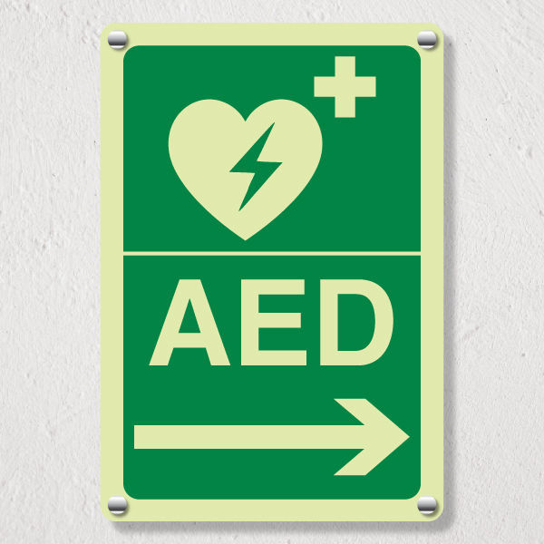 Photoluminescent AED Arrow Right - Acrylic Sign | YourGlowSign