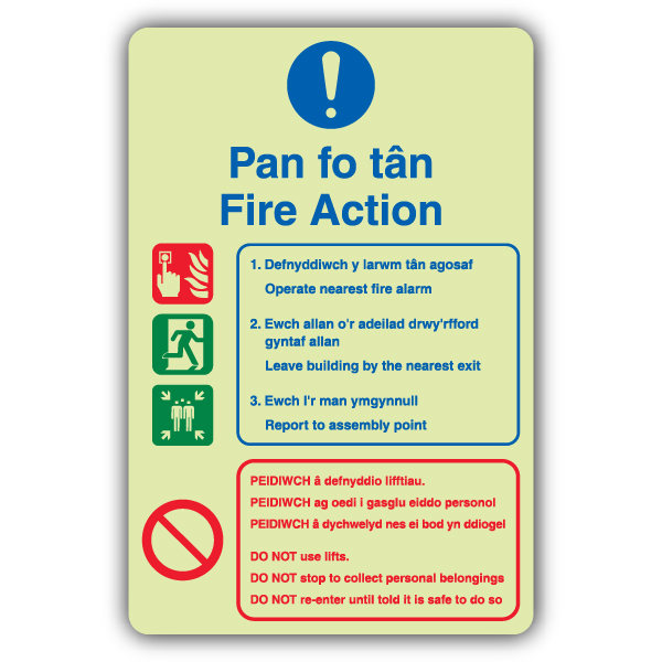 Photoluminescent Welsh/English - Fire Action -Operate Nearest Fire ...