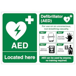 AED located Here / Defibrillator Poster | SafetySigns4Less